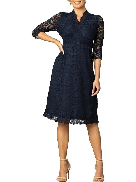 KIYONNA Scalloped Boudoir Lace Cocktail Dress - Indigo Blue