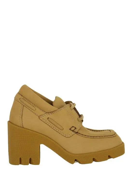 Burberry Stride Leather Heeled Loafers - Camel