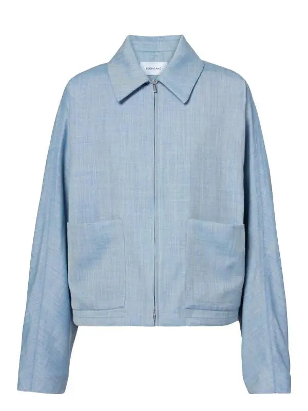 FERRAGAMO Cropped Wool, Silk, And Linen Blouson - Blue