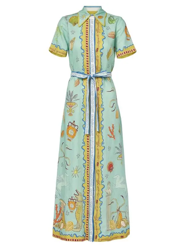 ALEMAIS Alémais Surrealist Summer Linen Shirt Dress - Multicoloured