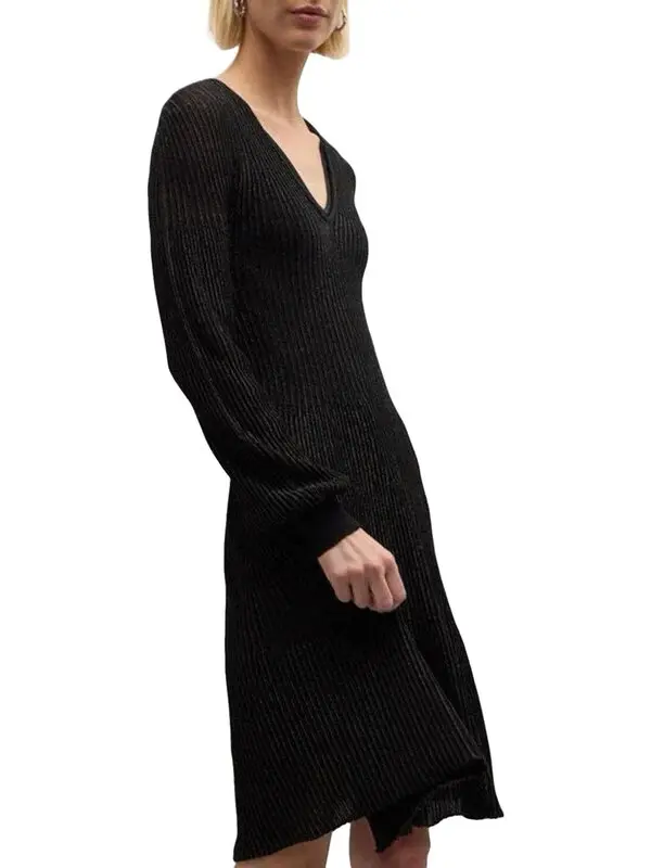 Emporio Armani Metallic Ribbed A-line Midi Dress - Black