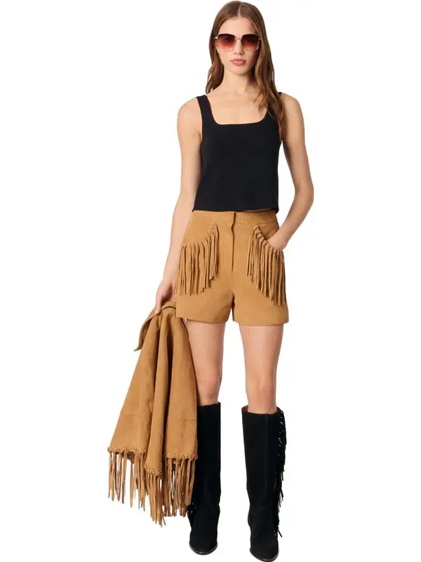Maje Fringed Leather Shorts - Beige