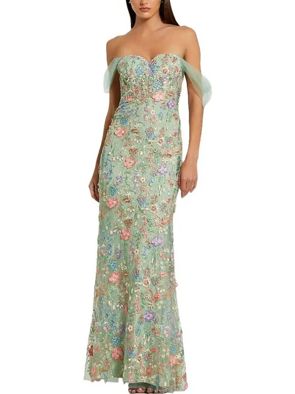 Mac Duggal Off-the-shoulder Embroidered Net Gown - Sage Multi