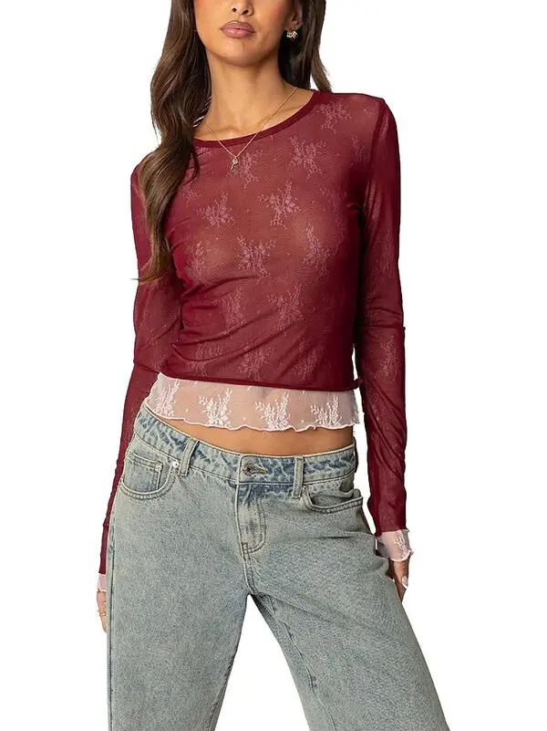 EDIKTED Lacey Sheer Mesh Crew Neck Top - Burgundy