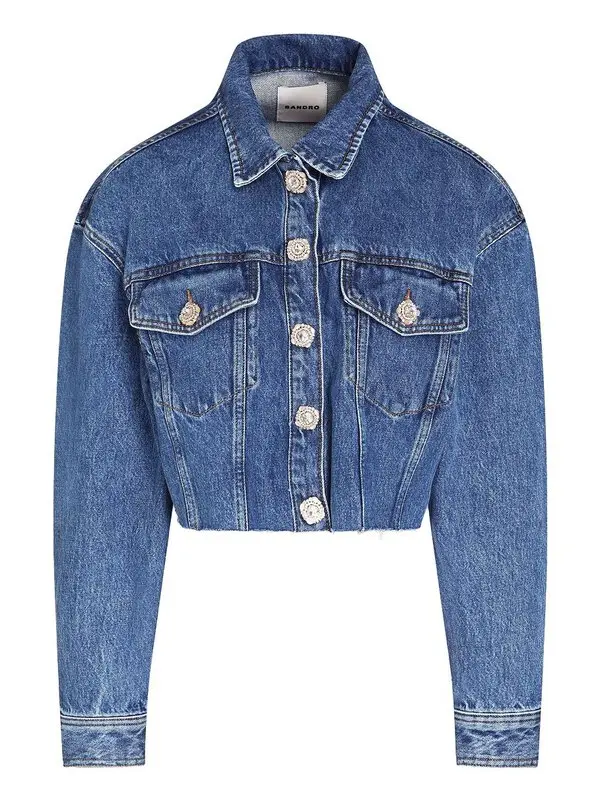 Sandro Cropped Embellished Denim Jacket - Mid Denim