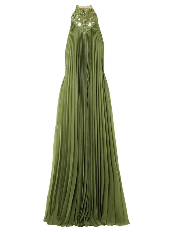 Zuhair Murad Tasseled Pleated Embellished Mesh-trimmed Georgette Halterneck Gown - Green