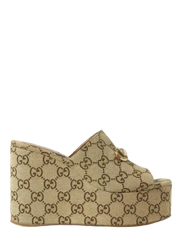 Gucci Carmen Horsebit-embellished Canvas-jacquard Wedge Mules - Neutrals