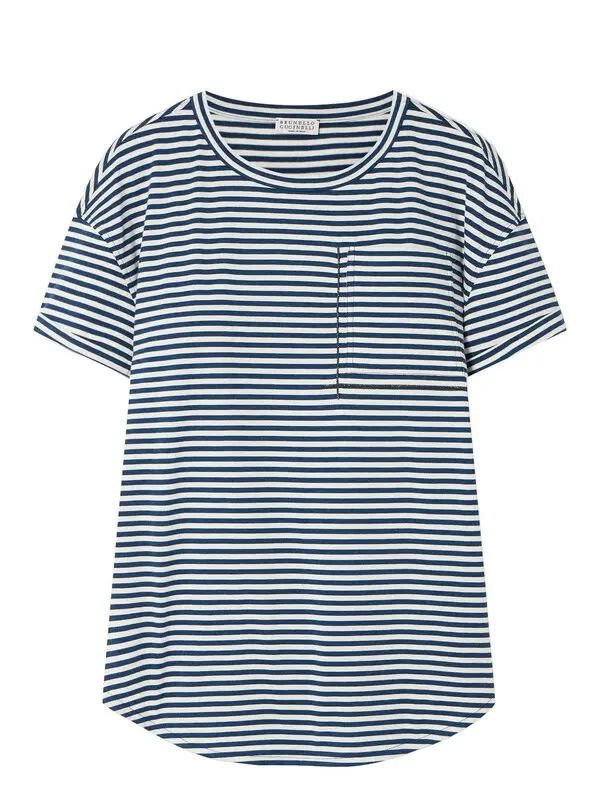 Brunello Cucinelli Bead-embellished Striped T-shirt - Blue