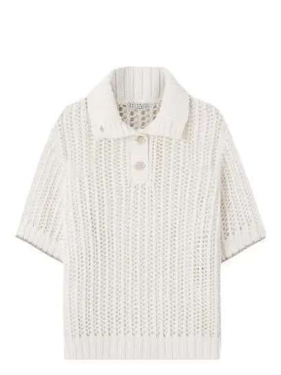 Brunello Cucinelli Open-knit Cotton Polo Shirt - White