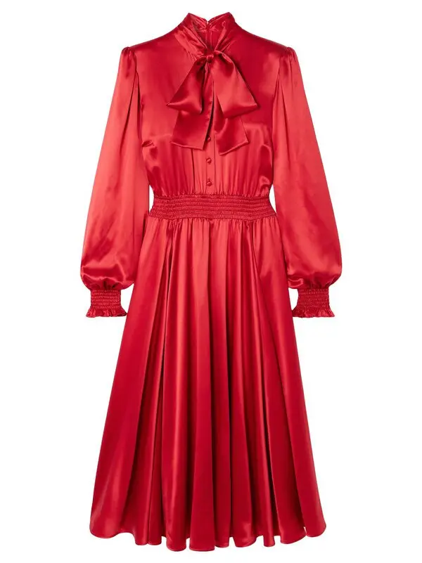 Dolce & Gabbana Pussy-bow Smocked Pleated Silk-satin Midi Dress - Red