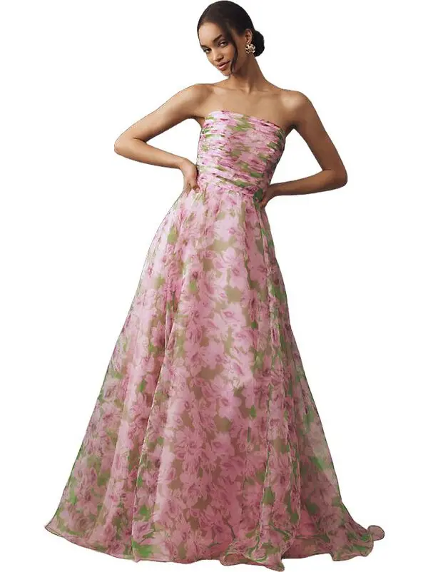 Mac Duggal Strapless Chiffon Maxi Dress - Pink Multi