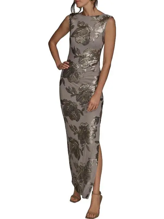 Donna Karan New York Sequin Floral Gown - Dark Clay