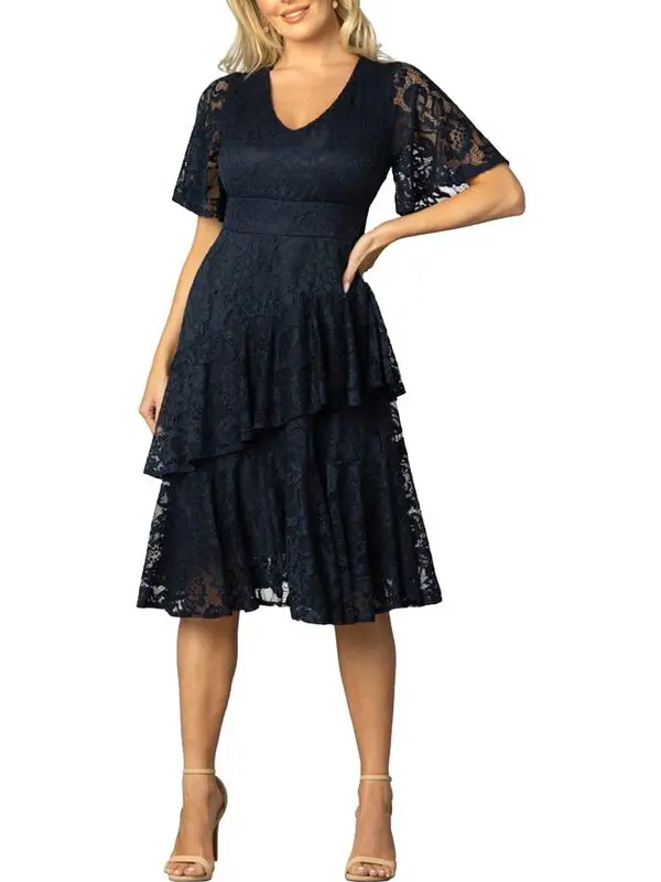 KIYONNA Lace Affair Cocktail Dress - Navy Blue