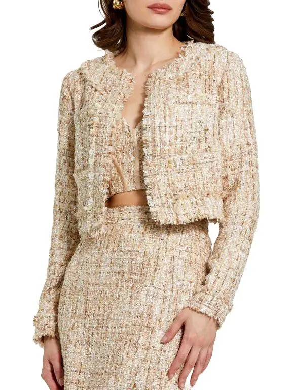 Mac Duggal Long Sleeve Cropped Boucle Jacket - Blush