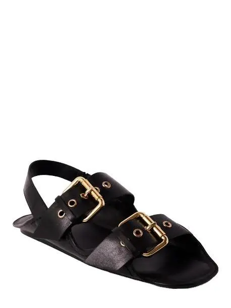 Free People Blossom Buckle Flat Sandals - Black Leather