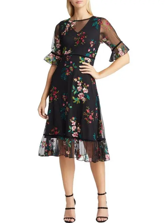 KIYONNA Wildflower Embroidered Midi Dress - Onyx
