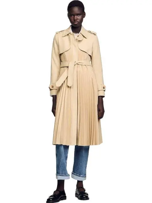 Sandro Pleated Trench Coat With Belt - Beige