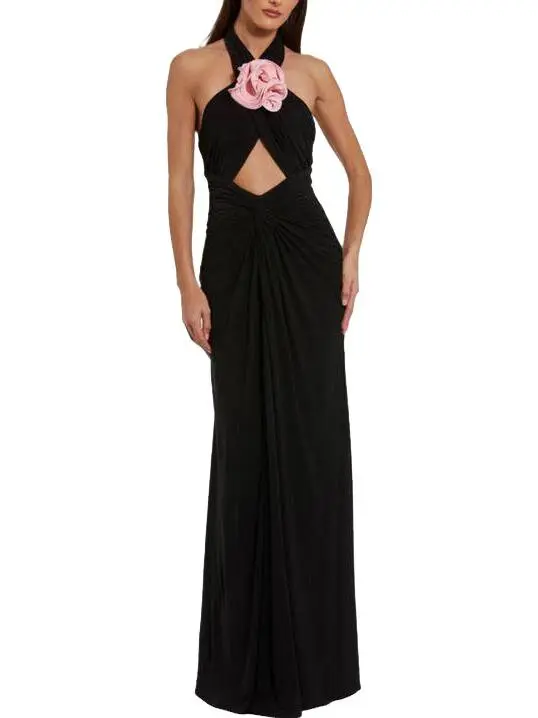 Mac Duggal Jersey Halter Neck Gown With 3d Flower - Black Pink