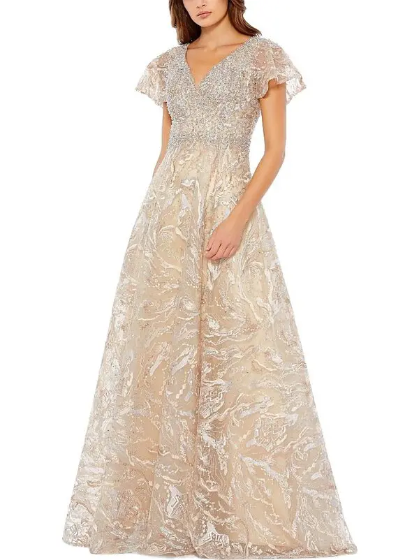 Mac Duggal Embellished Butterfly Sleeve Gown - Champagne Gold