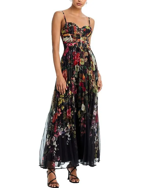 Aqua Pleated Floral Maxi Dress - Black Multi