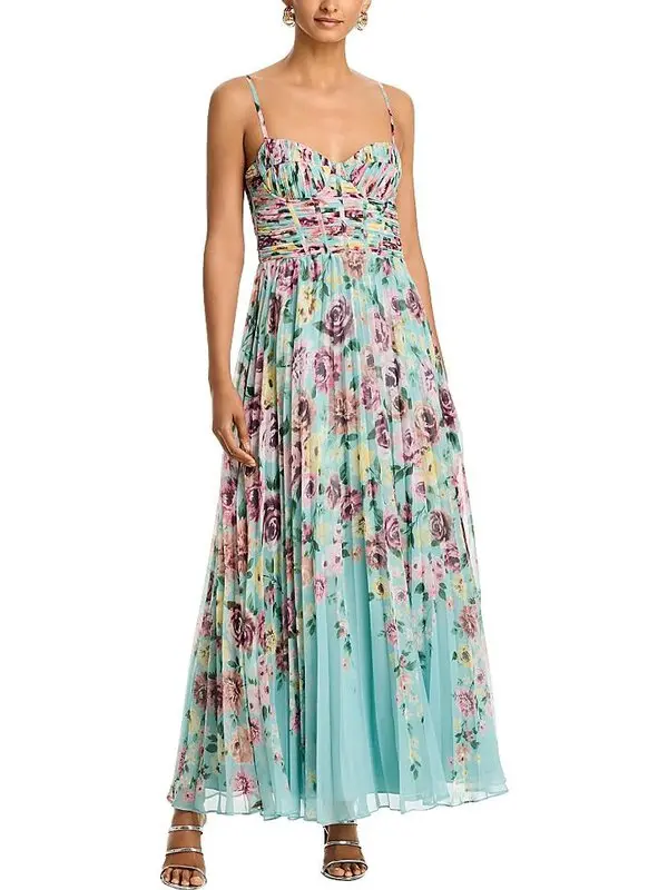 Aqua Pleated Floral Maxi Dress - Sage Multi