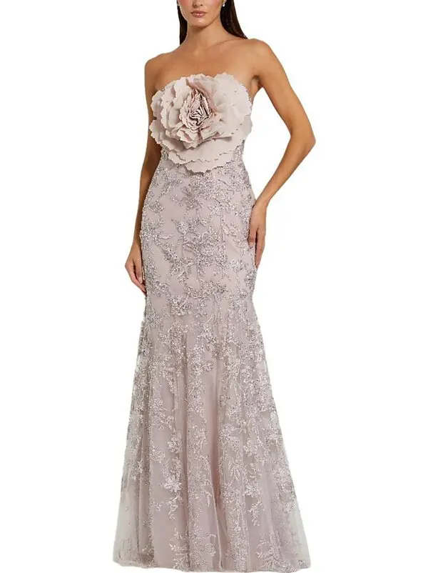 Mac Duggal Strapless Beaded Applique Mermaid Gown - Mocha