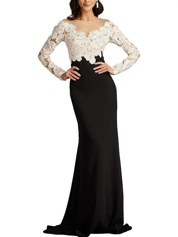 Tadashi Shoji Embroidered Bodice Illusion Gown - Black/ivory