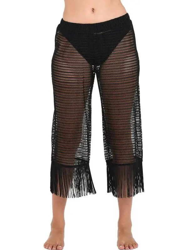 La Blanca Fringe Sheer Crop Cover-up Pants - Black