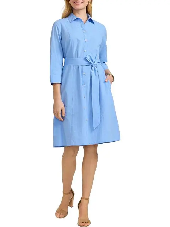 Foxcroft Fiona Belted Seersucker Shirt Dress - Lake Blue