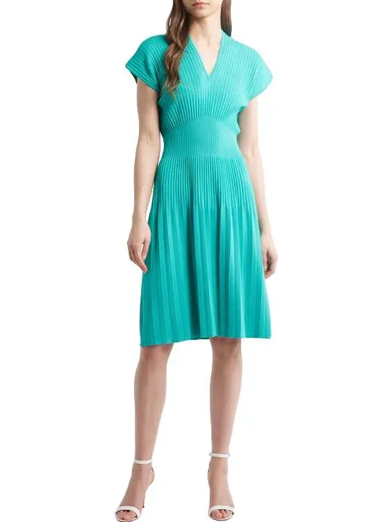 Ming Wang Pleated Rib Fit & Flare Dress - Emerald Awe