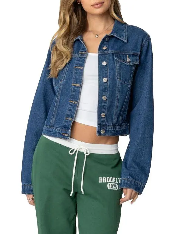 EDIKTED Barb Denim Crop Trucker Jacket - Blue-washed