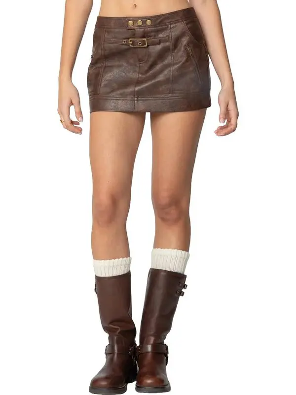 EDIKTED Pax Faux Leather Mini Skirt - Brown