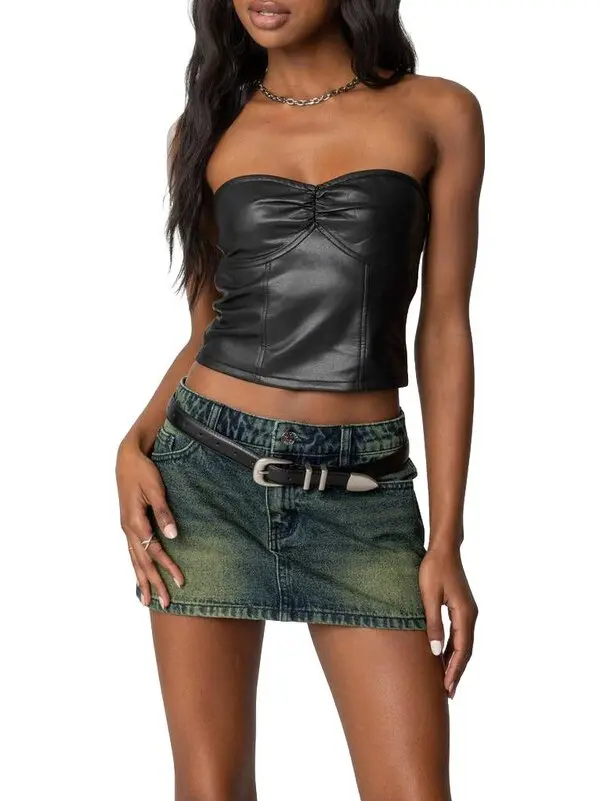EDIKTED Myleigh Faux Leather Strapless Crop Top - Black