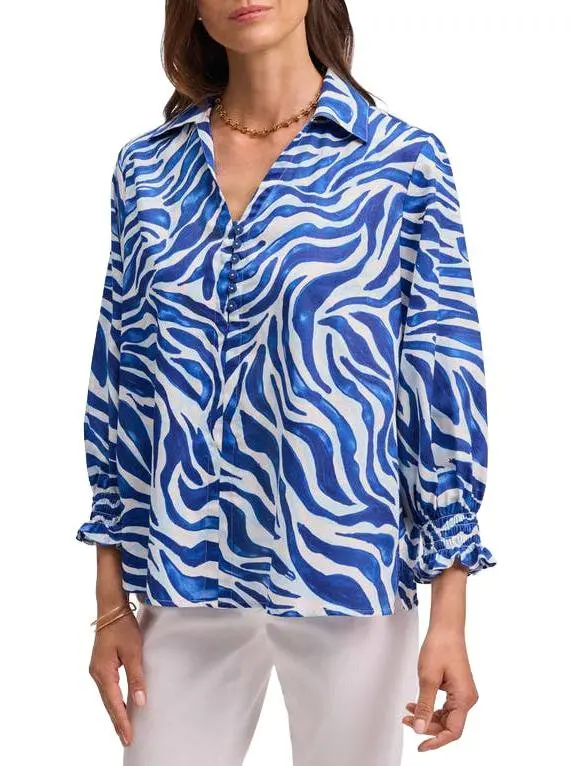 Foxcroft Alexis Print Cotton Popover Top - Blue/ White