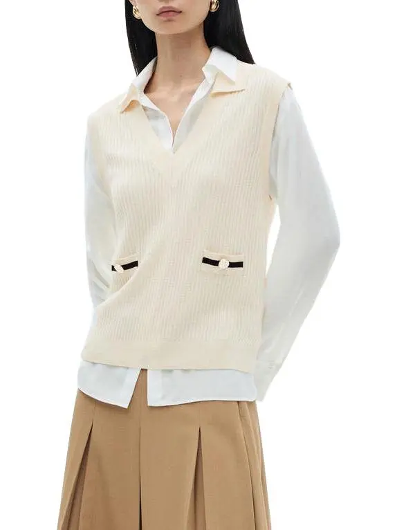 Mango Contrast Trim Sweater Vest - Ecru