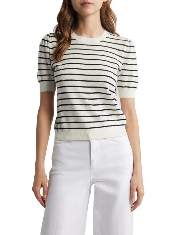 FRAME The Gathered Stripe Short Sleeve Organic Cotton & Linen Blend Sweater - Cream Multi