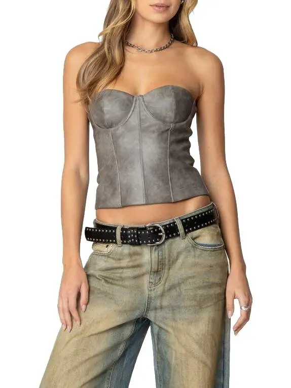 EDIKTED Sulivan Strapless Faux Leather Corset Crop Top - Gray-washed