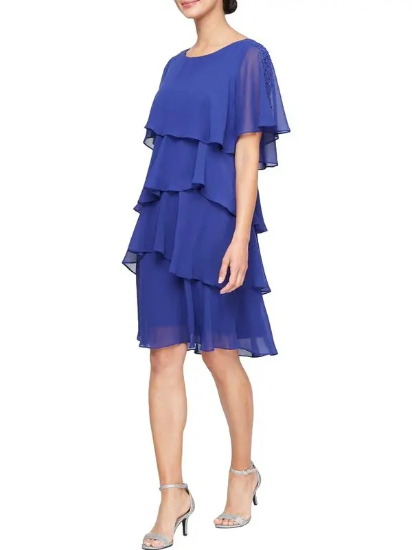 SL FASHIONS Beaded Tiered Chiffon Dress - Iris