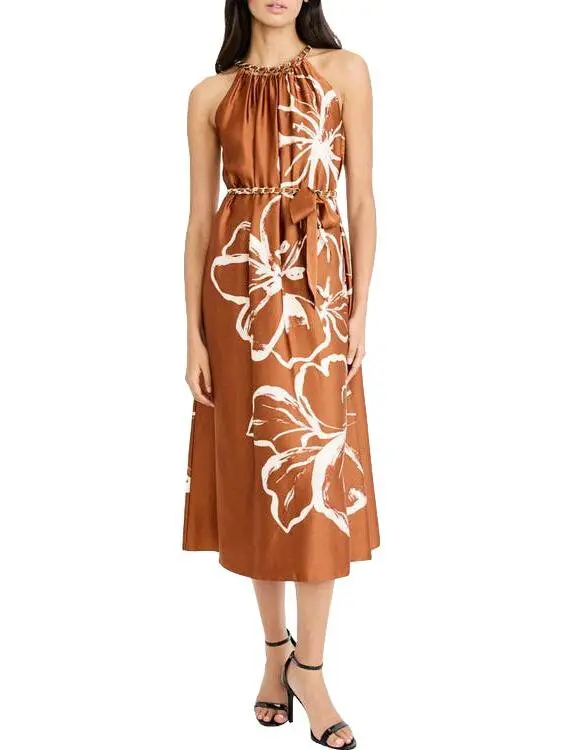 Maggy London Floral Halter Neck Midi Dress - Burnt Sienna/warm Camel