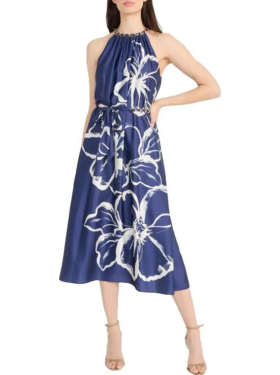 Maggy London Floral Halter Neck Midi Dress - Navy/ivory