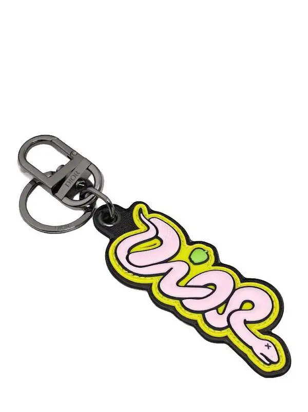 Dior X Kaws Key Ring - Yellow Grained Calfskin And Pink And Yellow Rubber