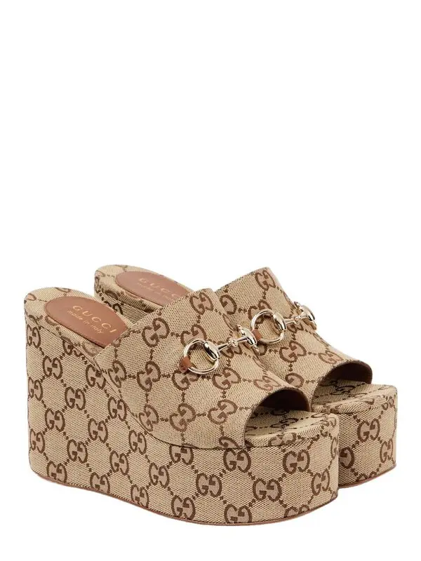 Gucci Horsebit Gg Canvas Wedge Mules - Beige