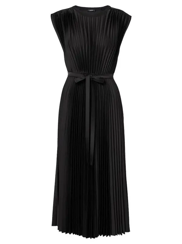 JOSEPH Volta Belted Plisse Satin Midi Dress - Black