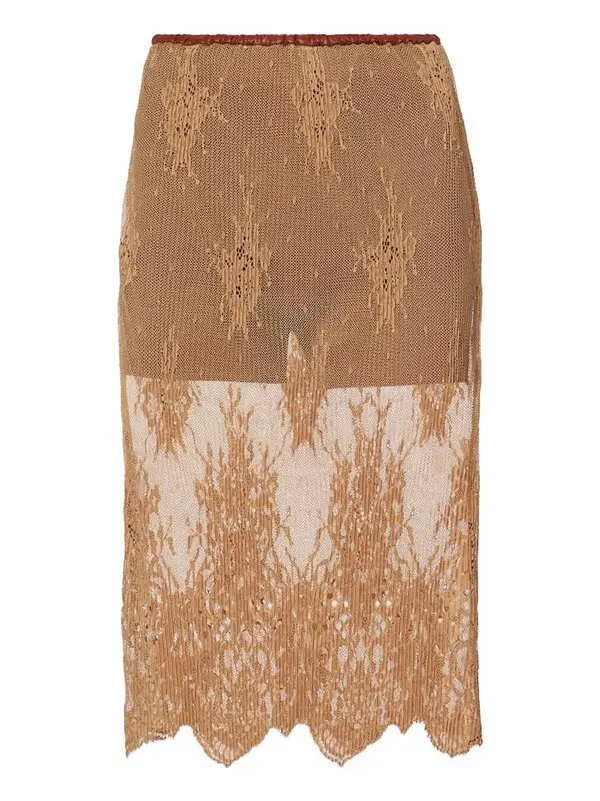 JACQUES WEI Layered Leather-trimmed Lace Midi Skirt - Brown