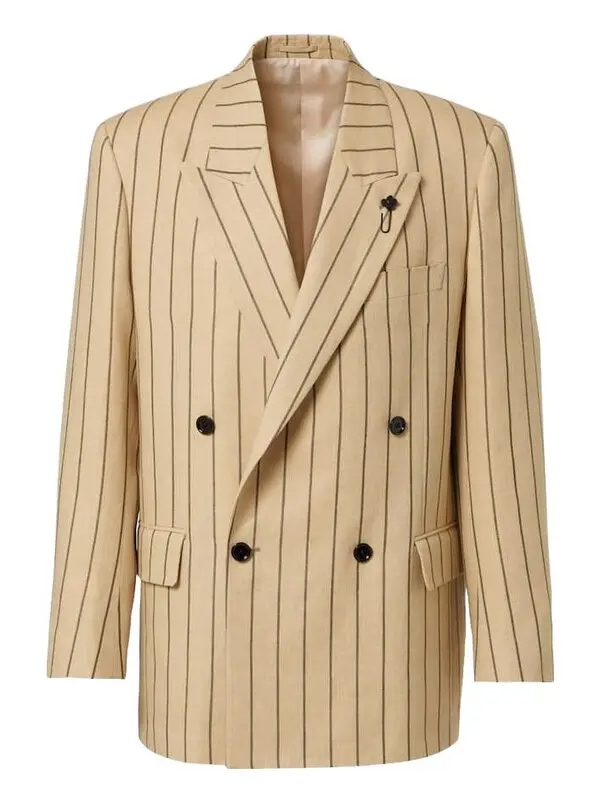 LARDINI Striped Double-breasted Linen And Wool Blazer - Beige