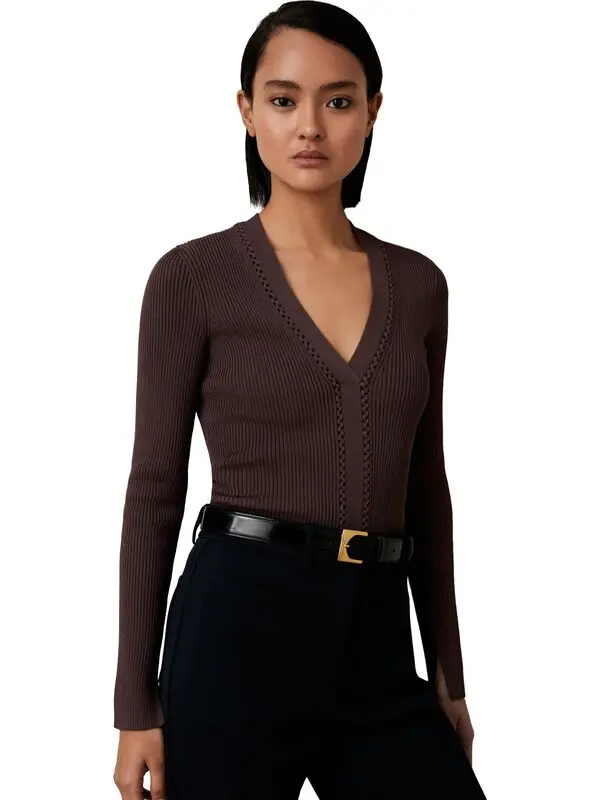 REISS Lauri Craft-stitch Rib-knit Top - Mocha Brown