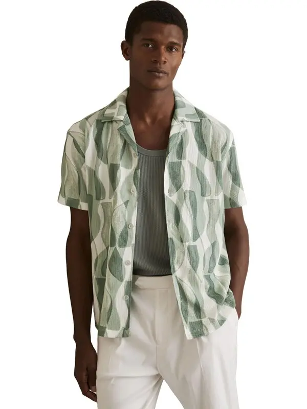 REISS Taro Printed Textured Cuban-collar Shirt - Sage Green