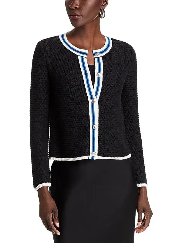 T Tahari Long Sleeve Crewneck Cardigan - Black.white