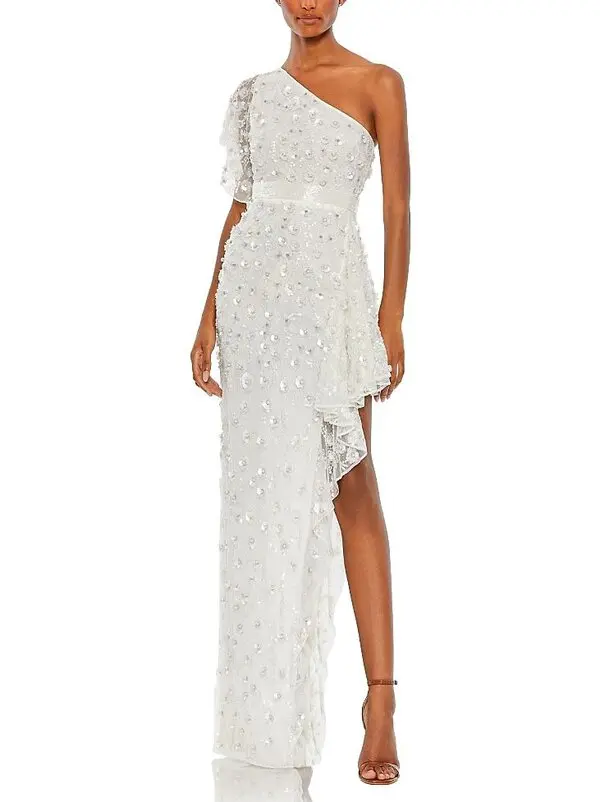 Mac Duggal One-shoulder Embellished Gown - White