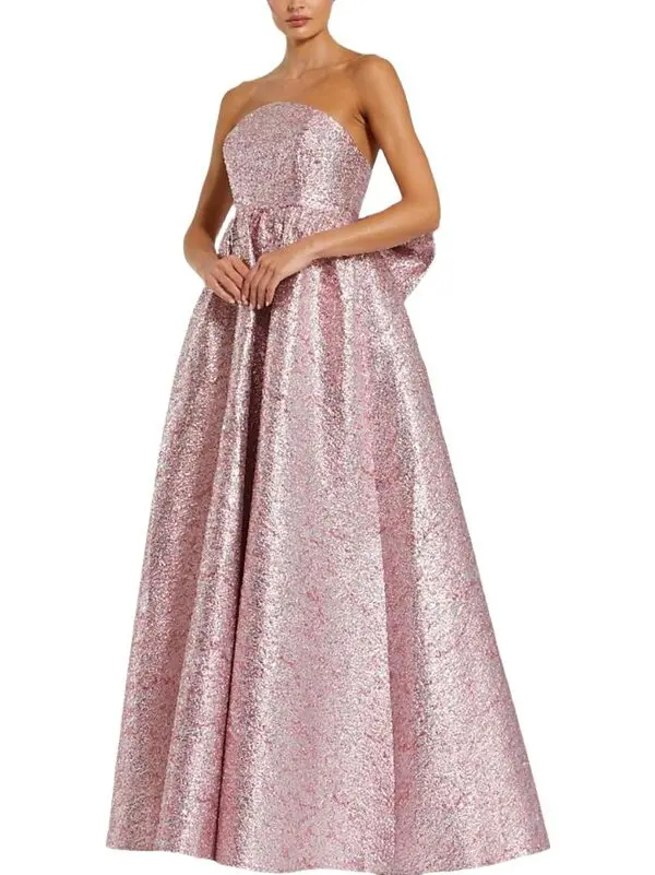Mac Duggal Metallic Strapless Brocade Gown With Bow - Raspberry